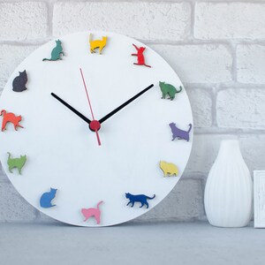 White Cat Clock, Clock With Colored Funny Cats, Colorful Wall Clock for ...