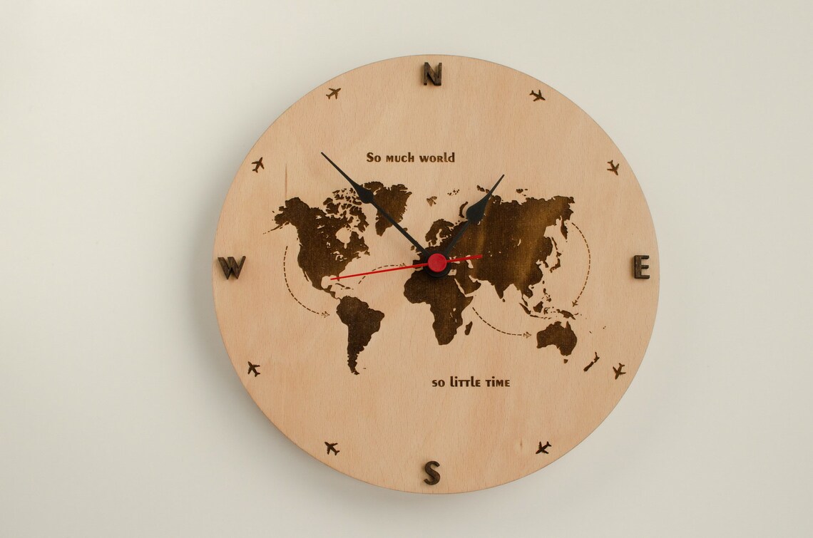 World Map Clock Travel Wooden Wall Clock Wanderlast Gift | Etsy