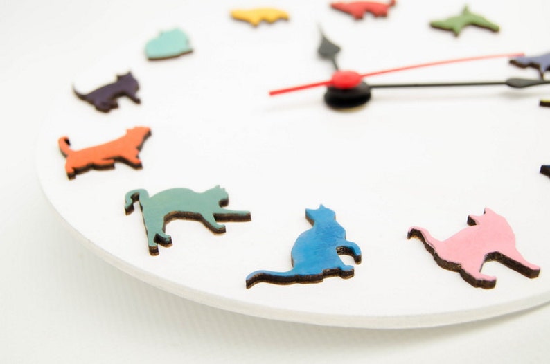 White cat clock clock with colored funny cats Colorful wall | Etsy