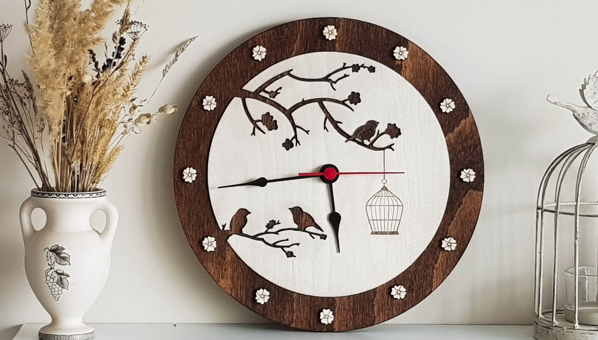 Wall Clock With Birds and Cage on Tree in Cottage Style | Etsy