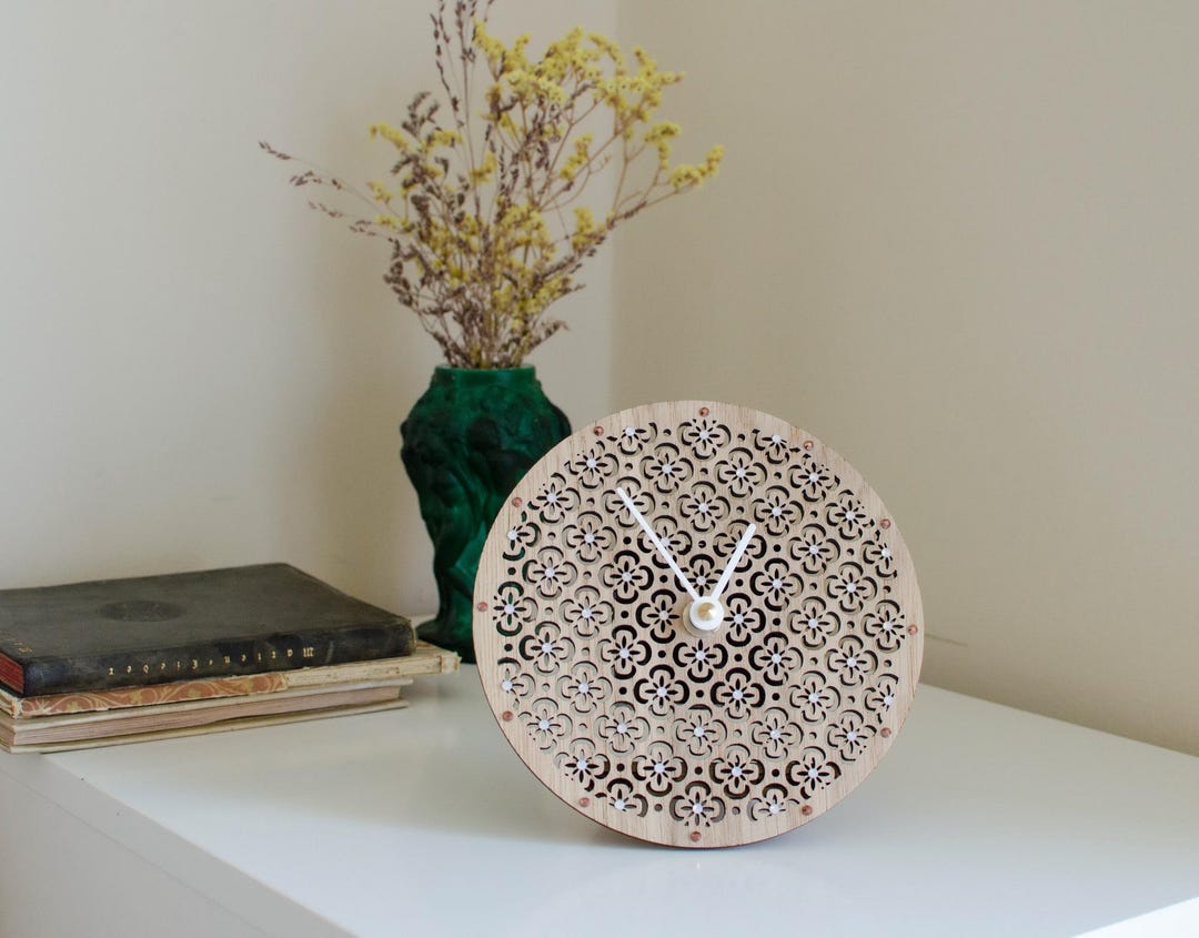 Table Clock With Carved Floral Pattern and Sparkling Crystals, Natural ...