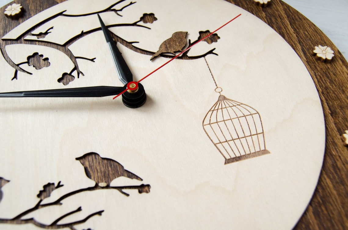 Wall Clock With Birds and Cage on Tree in Cottage Style | Etsy