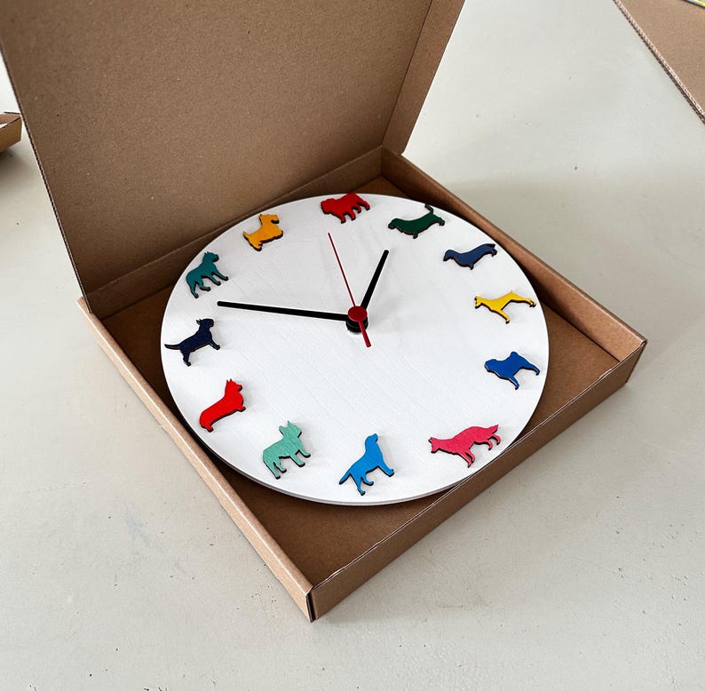 White Clock With Colored Dogs, Wall Hanging Colorful Dogs Clock, Eco ...