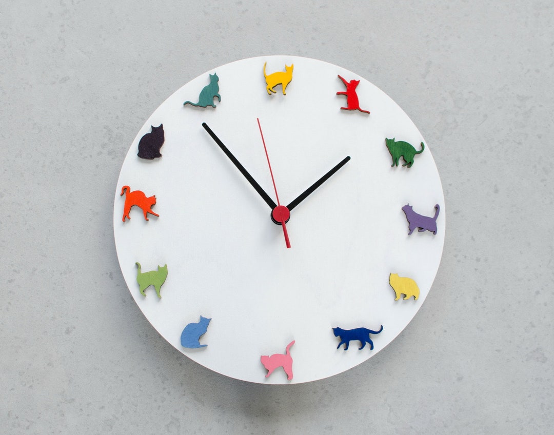 White Cat Clock, Clock With Colored Funny Cats, Colorful Wall Clock for ...