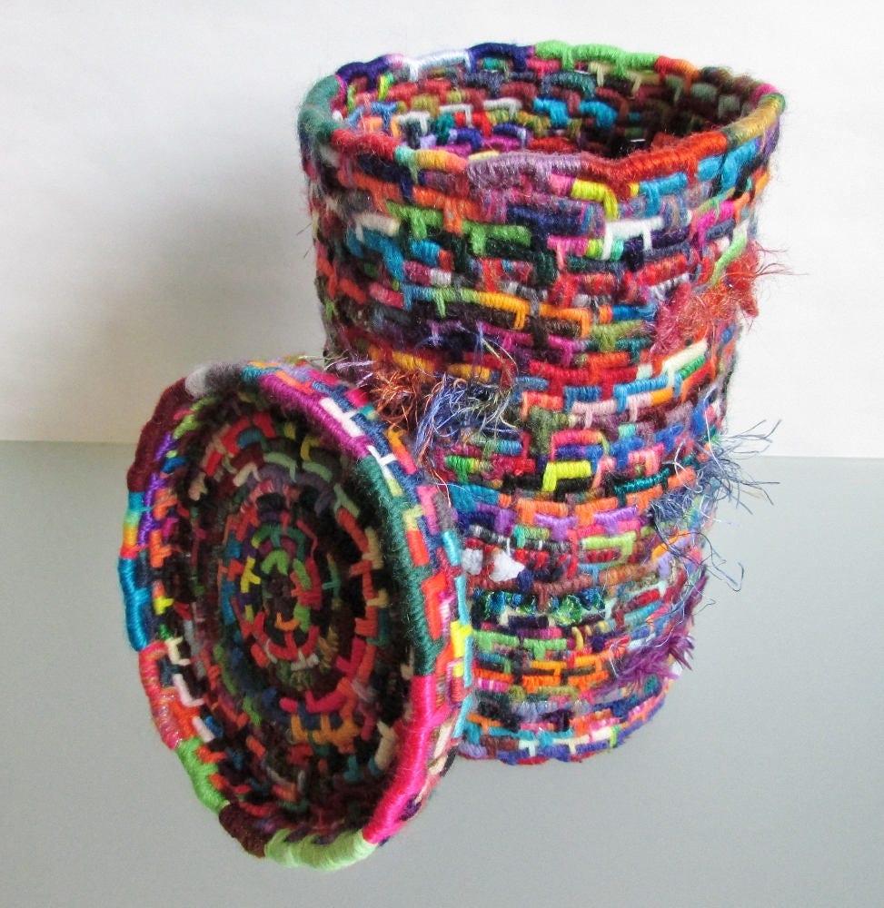 Tall Bright Textured Multi-color Coiled Jute Fiber Cylinder Canister ...