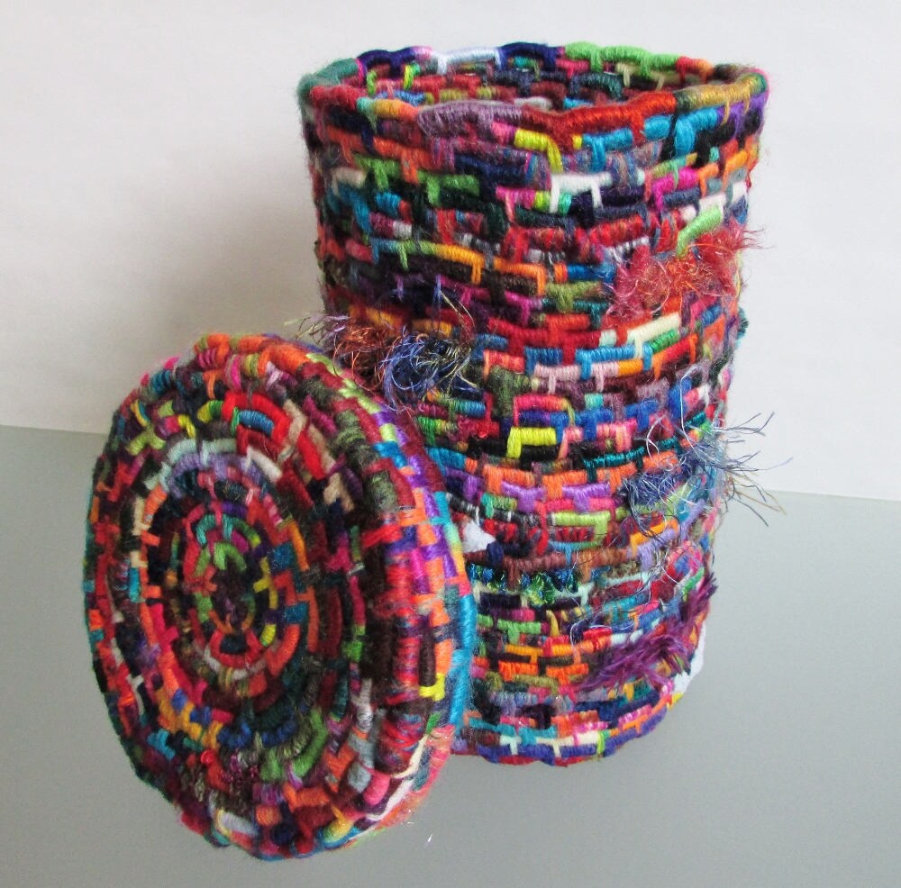 Tall Bright Textured Multi-color Coiled Jute Fiber Cylinder Canister ...