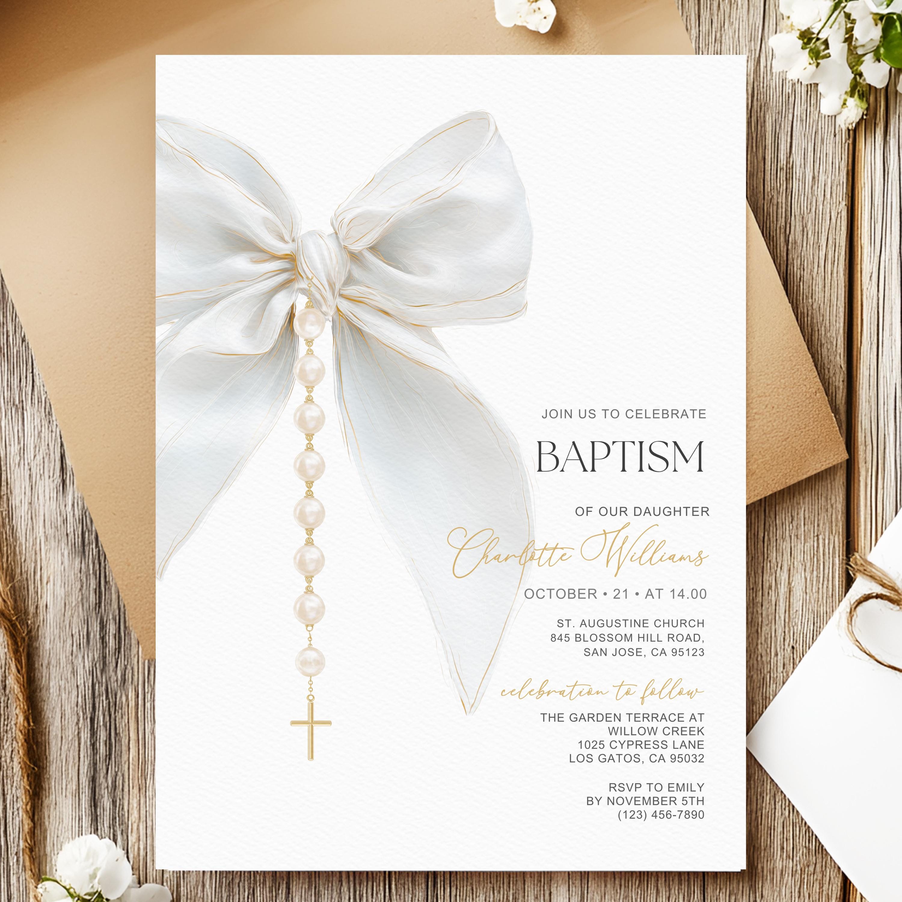 Elegant Baptism Invitation Template: White Bow Christening Invite ...