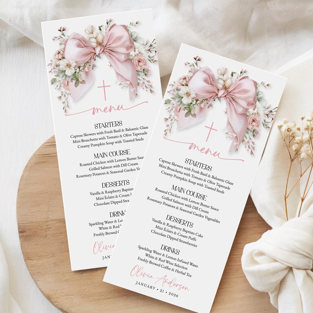 Baptism Menu Template Girl, Dusty Pink Floral Christening Menu ...