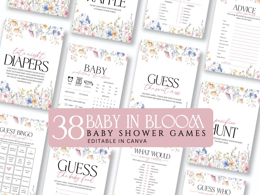 Baby in Bloom Baby Shower Games Bundle, Floral Baby Shower Games ...