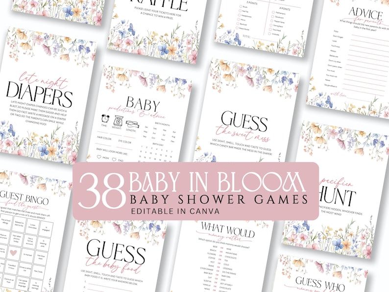 Baby in Bloom Baby Shower Games Bundle, Floral Baby Shower Games ...