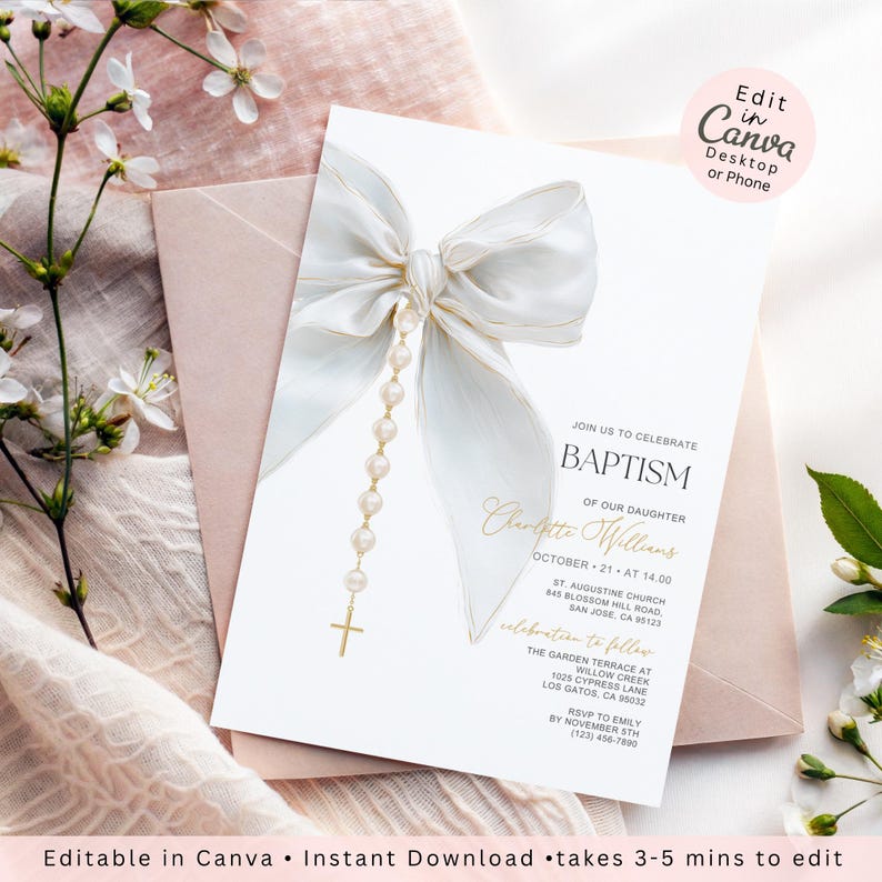Elegant Baptism Invitation Template: White Bow Christening Invite ...