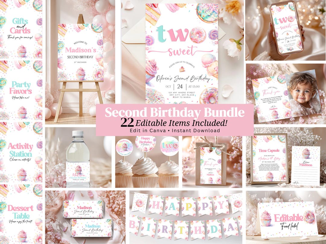 Two Sweet Donut 2nd Birthday Bundle, Editable Party Set (canva ...