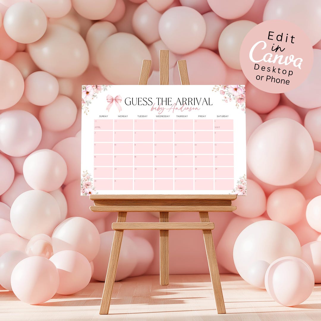 Pink Floral Baby Shower Due Date Calendar, Guess the Date Game (canva ...