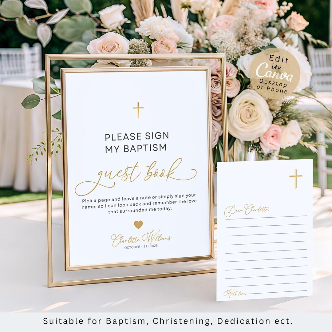 Modern Baptism Guest Book Sign | Gold Cross, Editable Canva Template - Etsy
