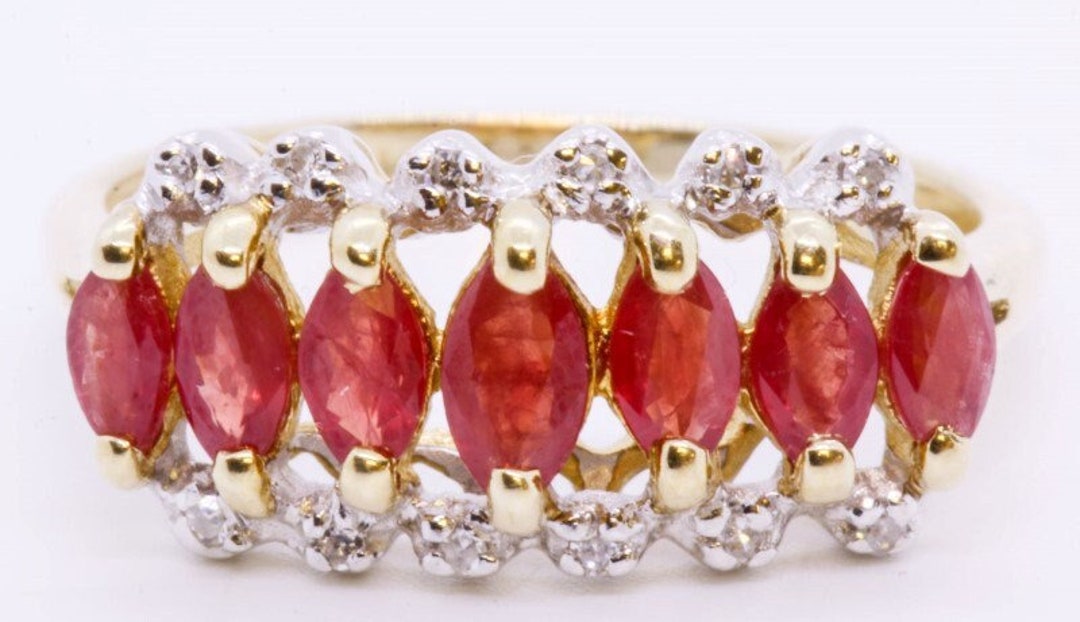 Pranda 10K Solid Yellow Gold Marquise Natural Ruby & Diamond Row Ring ...