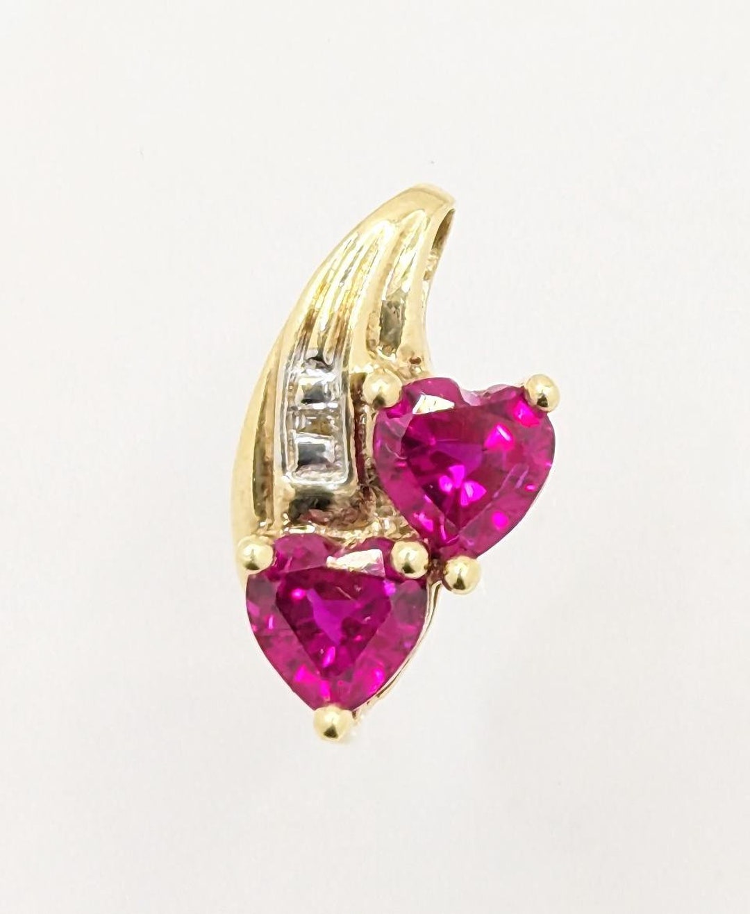 10K 1g Solid Yellow Gold Double Ruby Love Heart Diamond Accent Wave ...