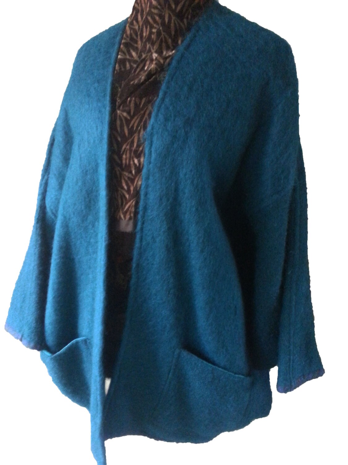 Turquoise Jacke,bat Wing Coat, Turquoise Wool Coat,textured Wool ...