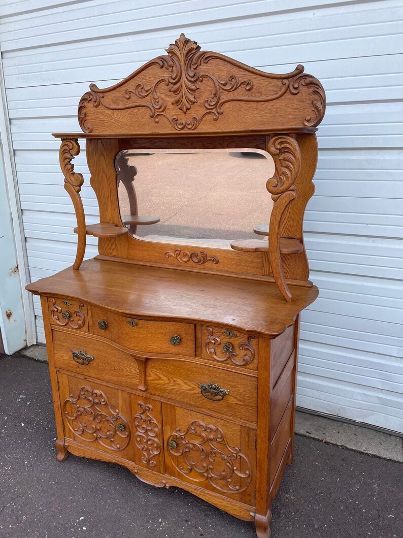 Antique Golden Oak Buffet / Server With Beveled Mirror Ornate - Etsy