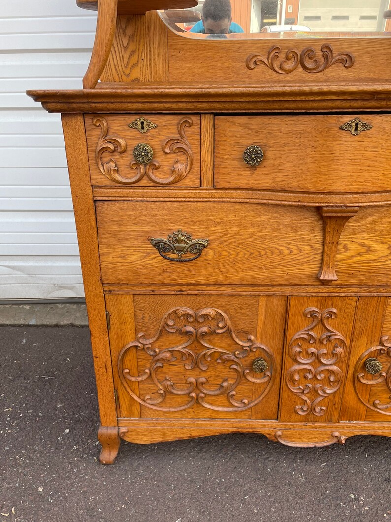 Antique Golden Oak Buffet / Server With Beveled Mirror Ornate - Etsy