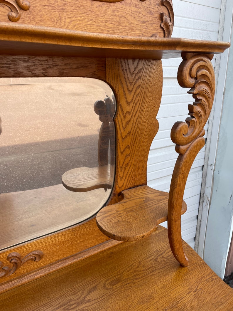 Antique Golden Oak Buffet / Server With Beveled Mirror Ornate - Etsy