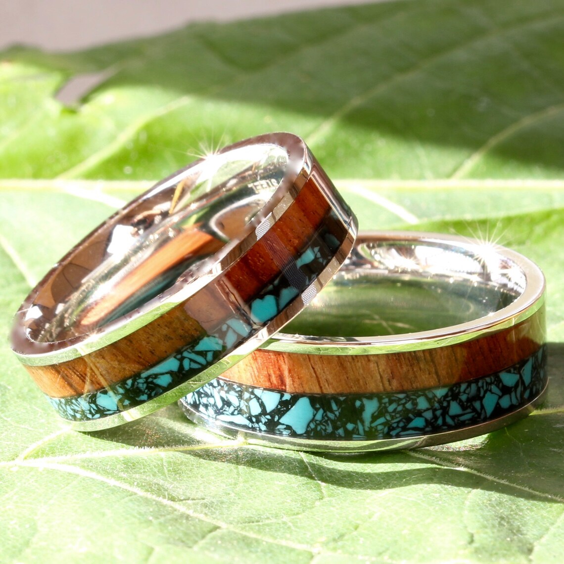 His and Her 3 Piece Hawaiian Koa Wood Ring Set Turquoise - Etsy