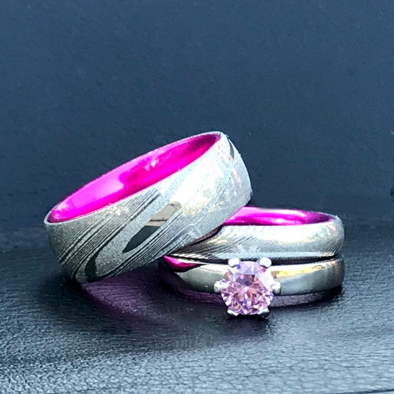 His and Her Pink Damascus Ring Set Aluminum Interior 3 Piece | Etsy