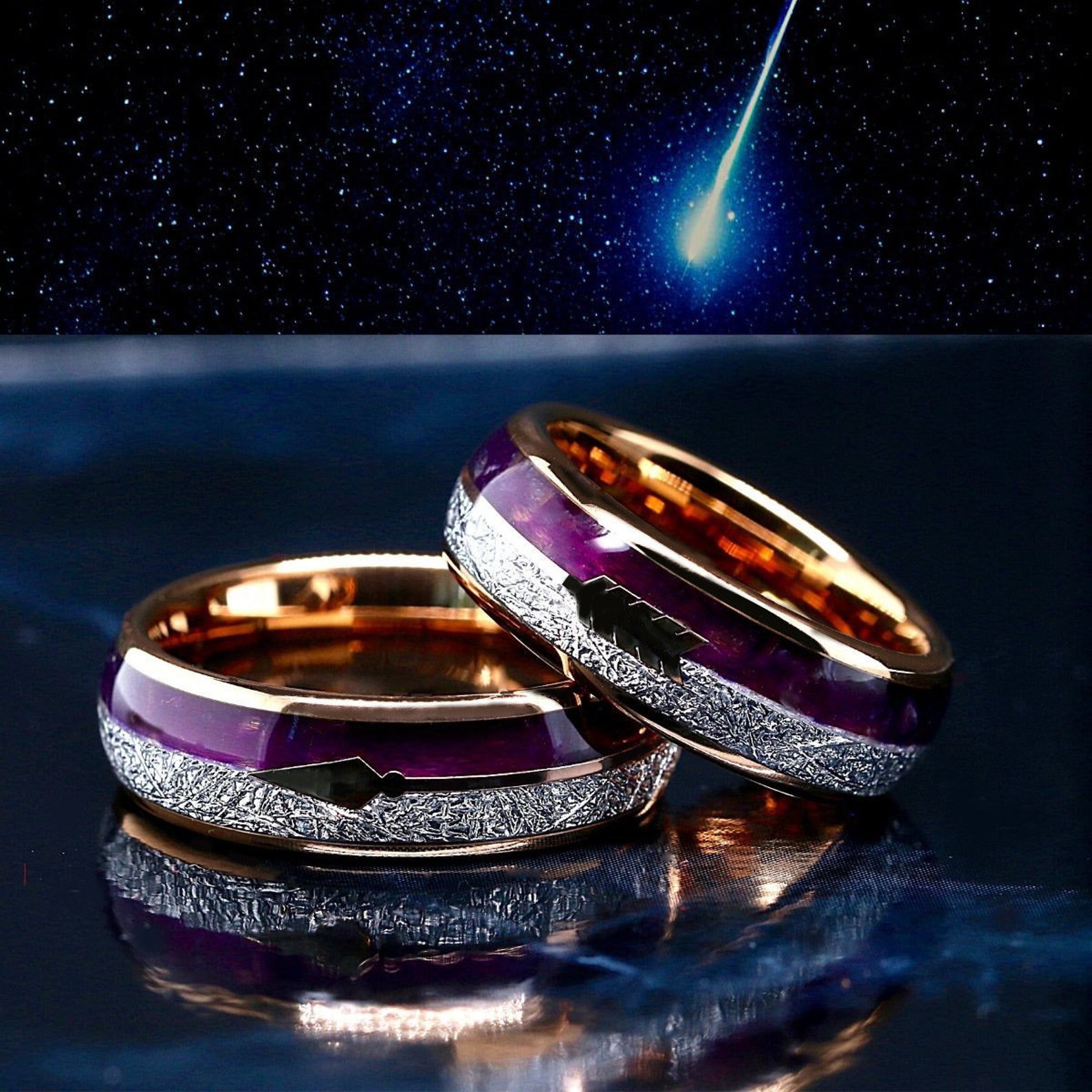 Meteorite Ring Gold Plated Meteorite Purple Agate Tungsten Ring Arrow ...