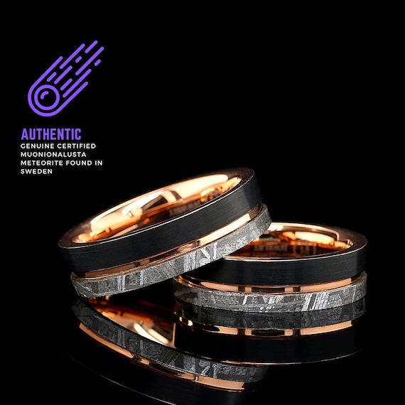 Meteorite Ring Tungsten Black & Gold Wedding Band - Etsy