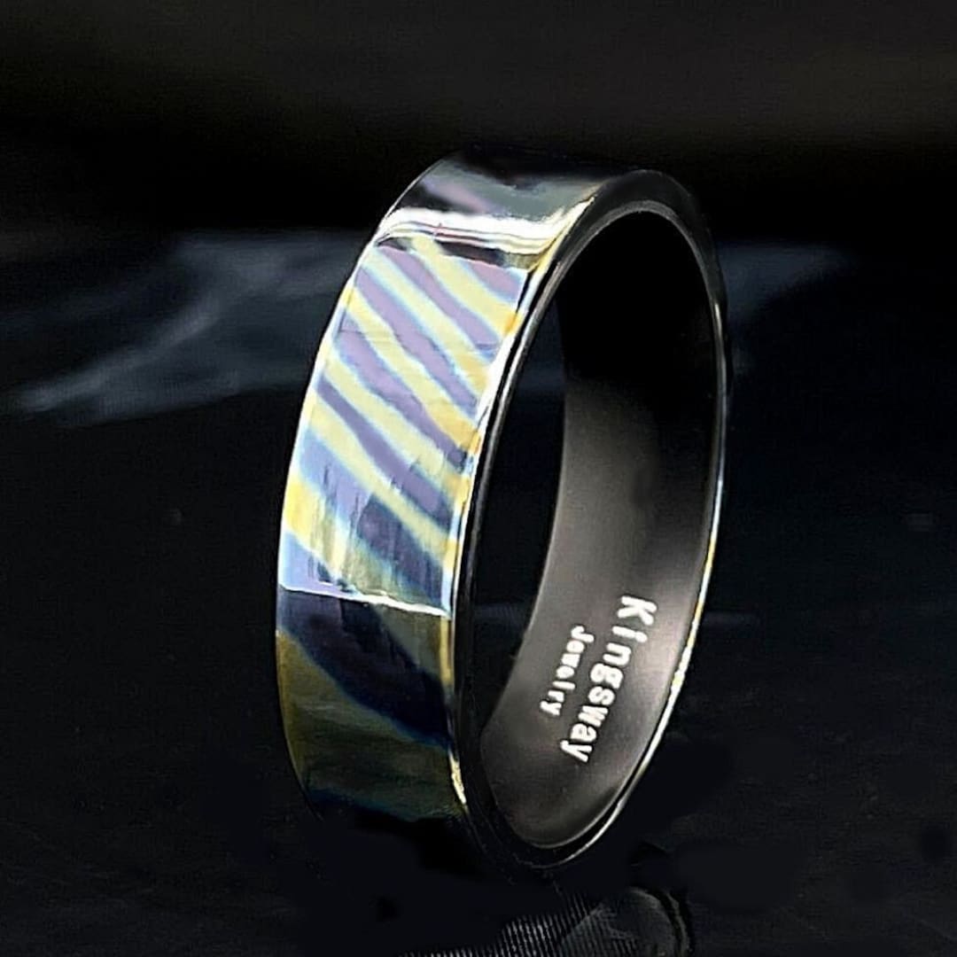 Titanium Damascus Ring Black Stainless Steel Interior Timascus Wedding ...