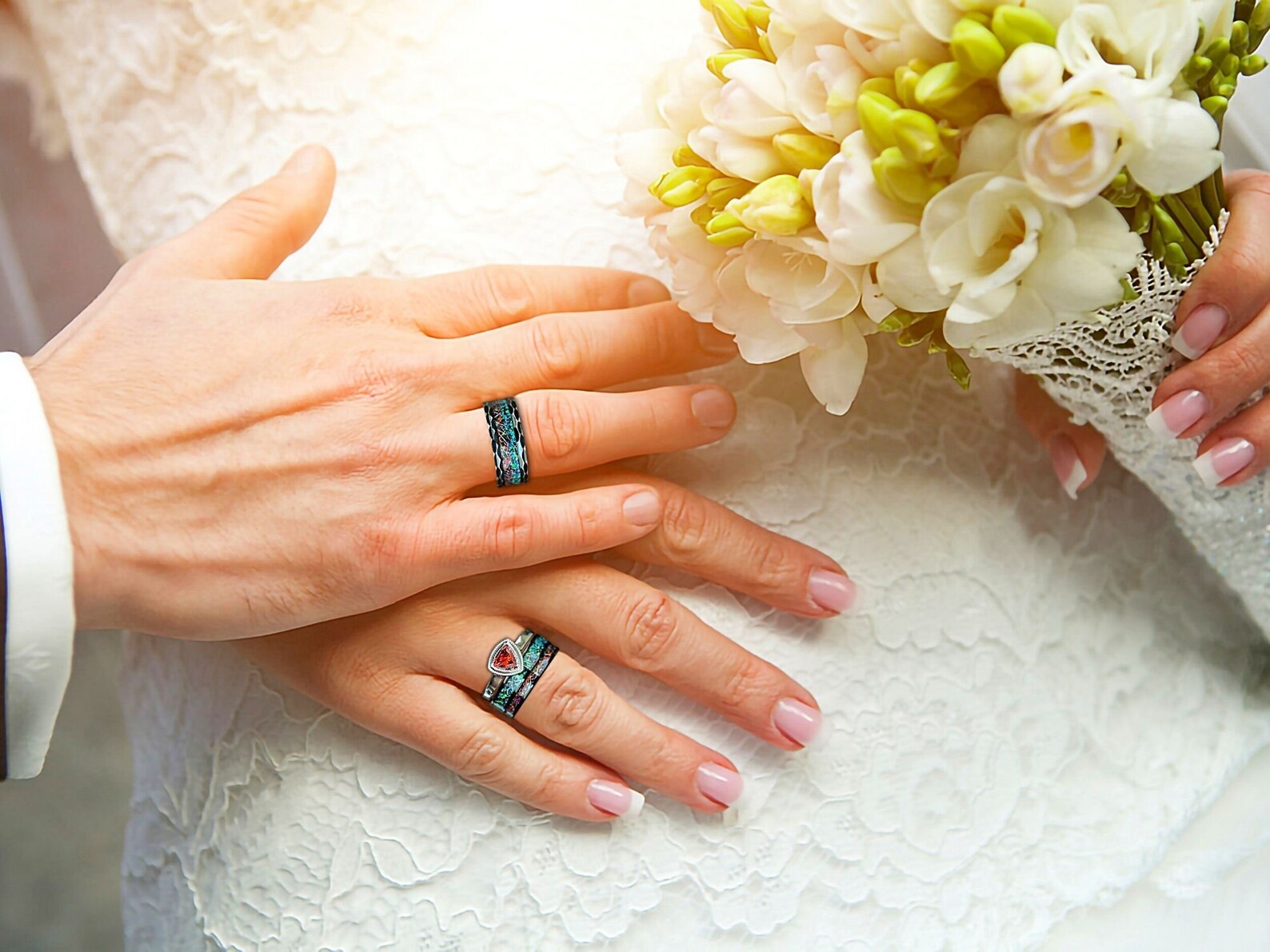 His and Her Fire Opal Ring Set Meteorite Wedding Ring Set Stainless ...