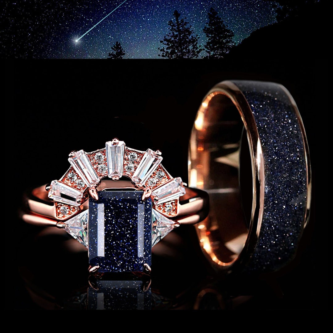 3pc His & Hers Emerald Cut Starry Sky Blue Sandstone Ring, Gold Over ...