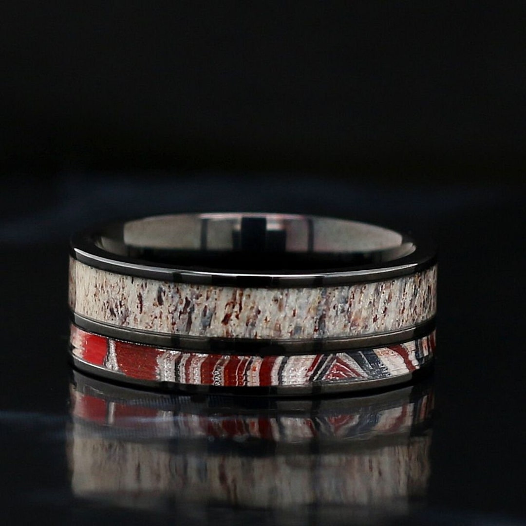 Natural Deer Antler and Fordite Ring Black Stainless Steel Wedding Band ...