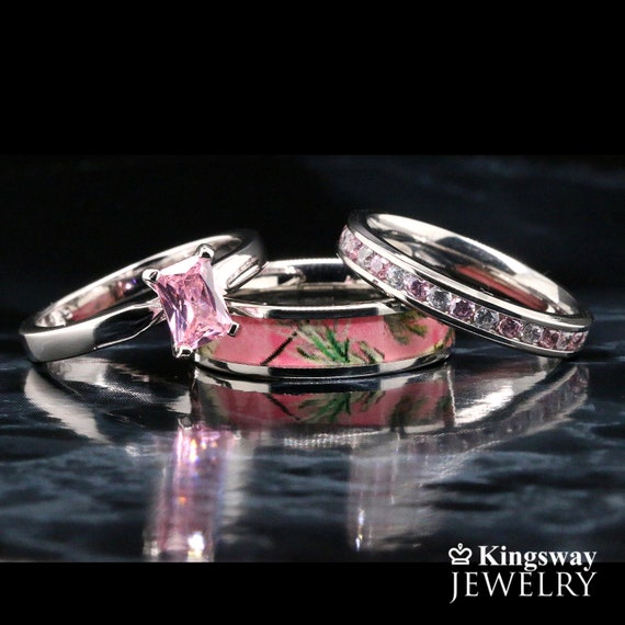 Custom Engraved 3PC Pink Camo Ring Set Stainless Steel Band 925 Sterling Silver Wedding Ring Set Free Engraving