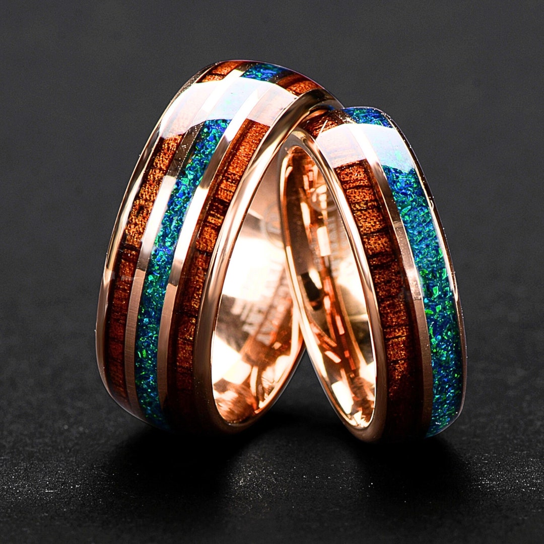 His and Hers 14k Gold Plated Tungsten Wedding Ring Set With Green Opal ...