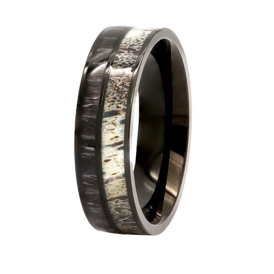 Black Deer Antler Black Koa Wood Ring - Stainless Steel Hunter Ring ...