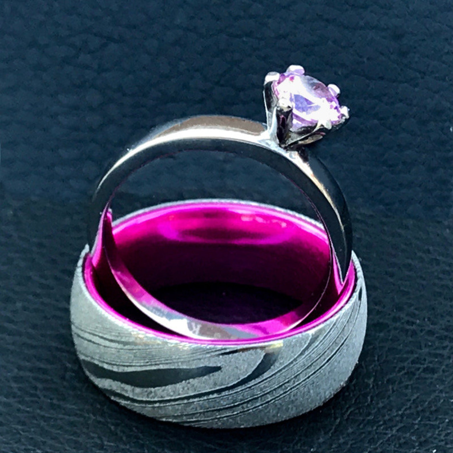 His and Her Pink Damascus Ring Set Aluminum Interior 3 Piece Wedding ...