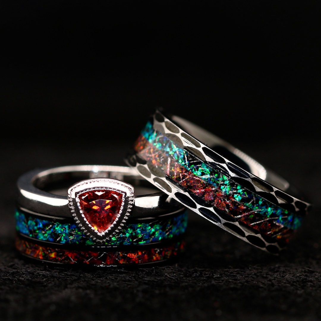 His and Her Fire Opal Ring Set Meteorite Wedding Ring Set Stainless ...