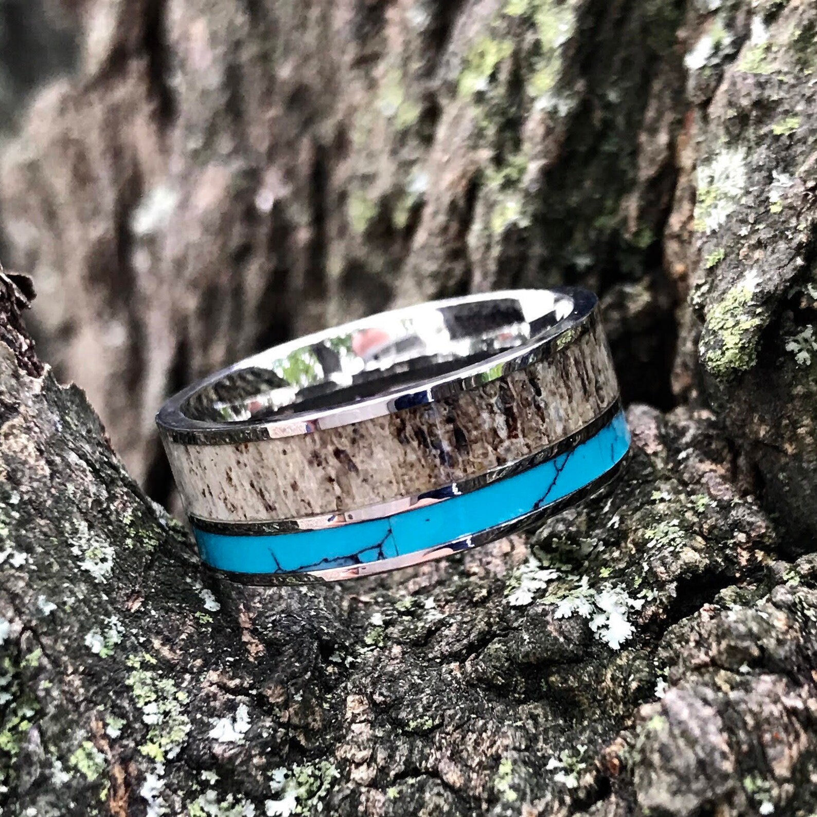 Natural Deer Antler Ring With Turquoise Inlay Mens Womens - Etsy