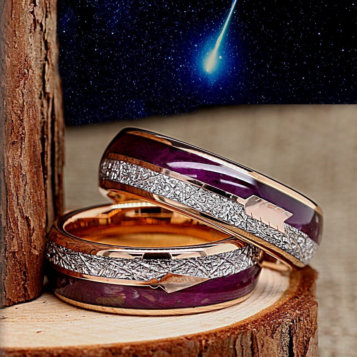 Meteorite Ring Gold Plated Meteorite Purple Agate Tungsten Ring Arrow ...