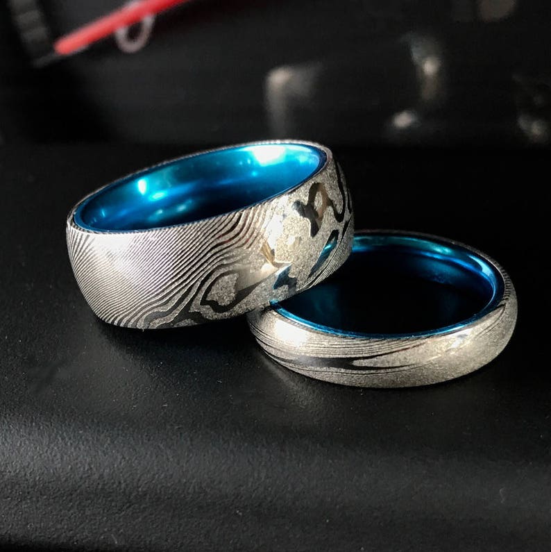 His and Her Damascus Steel Ring Set Blue Wedding Ring Set - Etsy