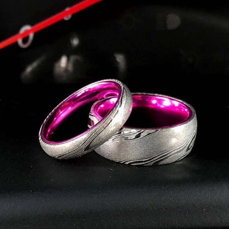 His and Her Pink Damascus Ring Set Aluminum Interior Wedding Band Set ...