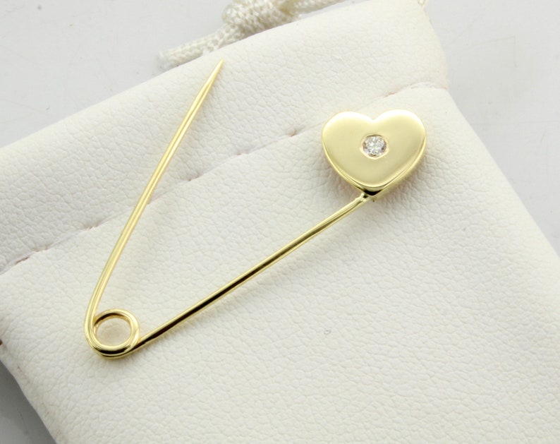 14k Yellow Gold Diamond Safety Pin Brooch Heart Shape - Etsy