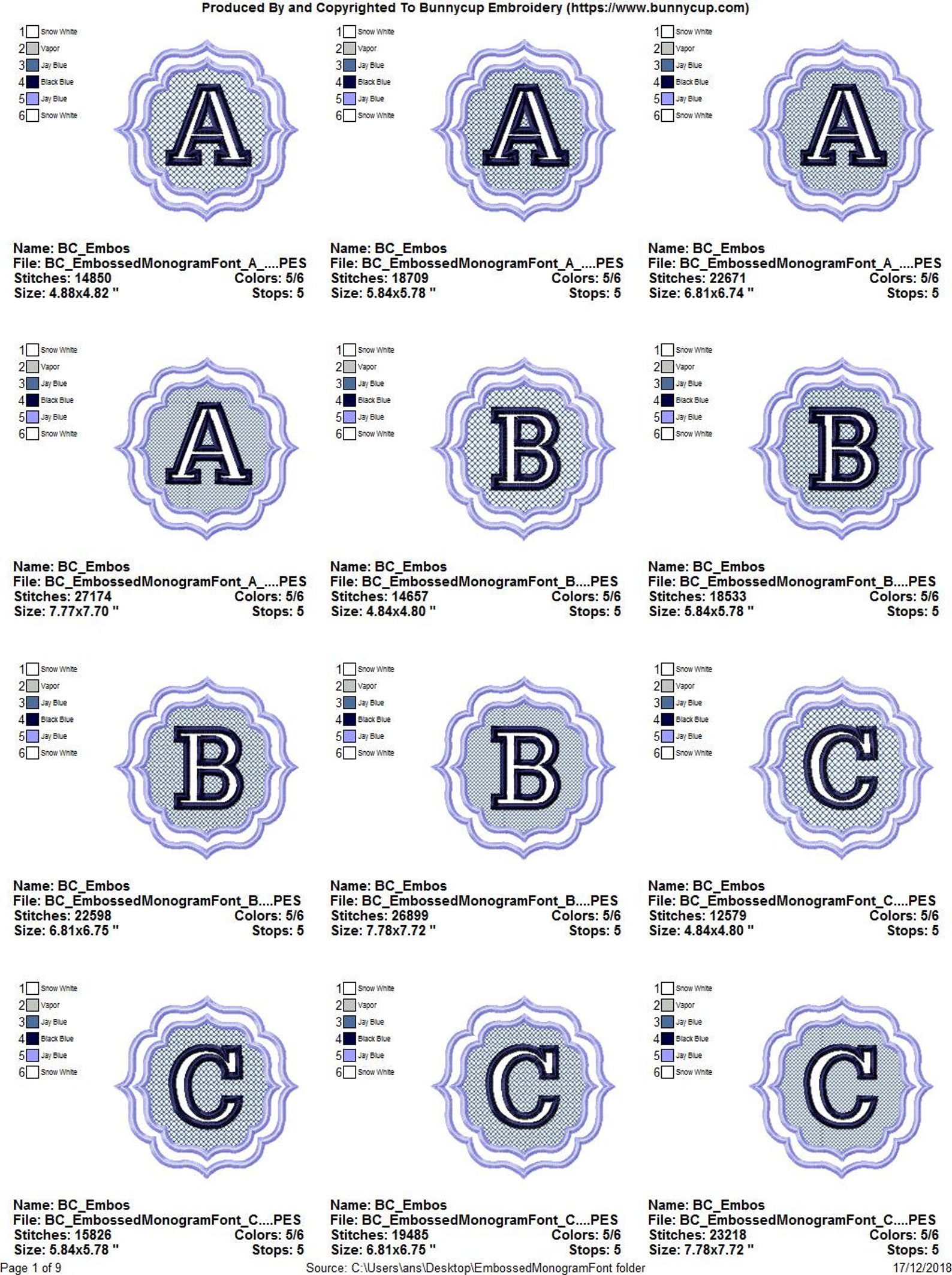 Embossed Monogram Font - 26 Machine Embroidery Designs - 5, 6, 7 and 8 ...