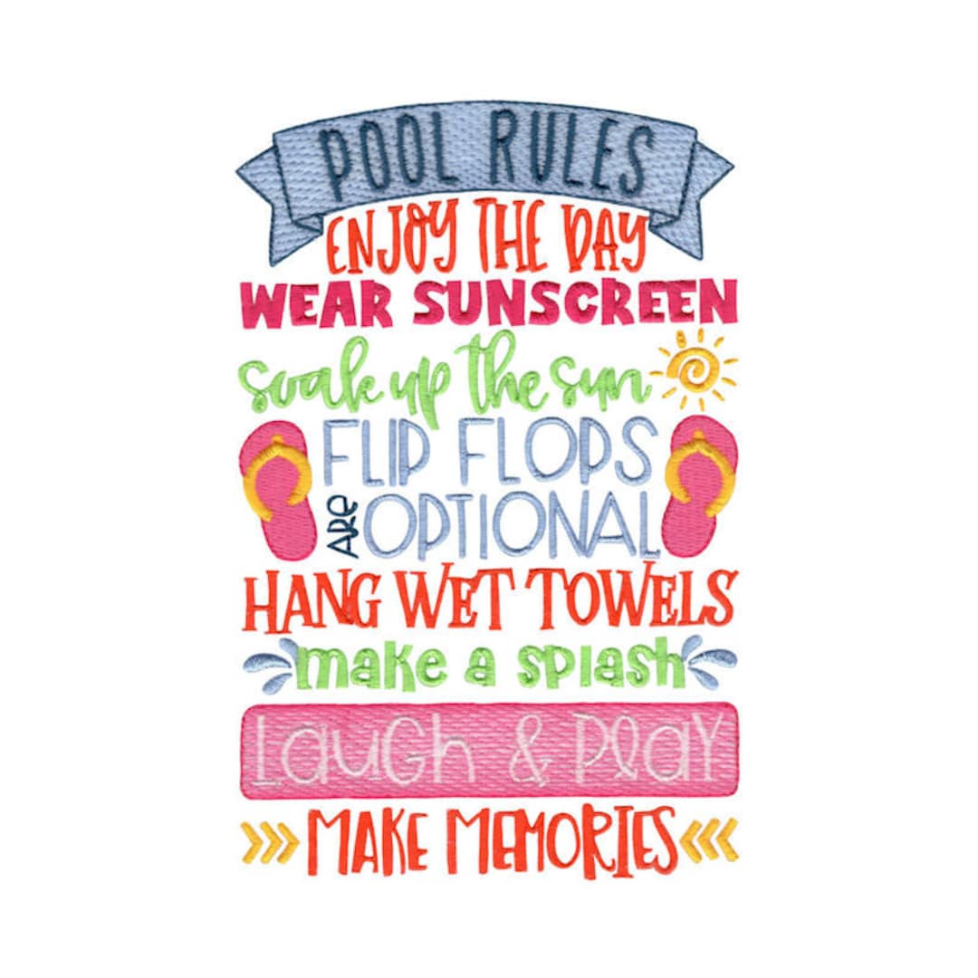 Pool Rules - Machine Embroidery Design - 5x7 6x10 8x8 8x12 Inch Hoop ...