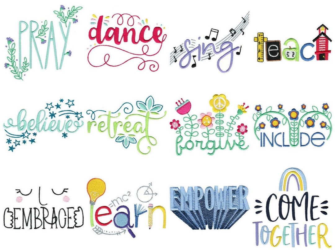 Illustrated Words Too - 12 Machine Embroidery Designs - Multiple Sizes ...