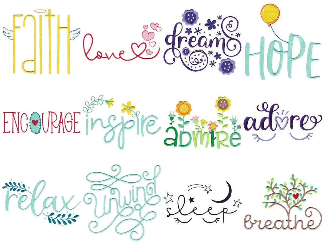 Illustrated Words - 12 Machine Embroidery Designs - Multiple Sizes ...