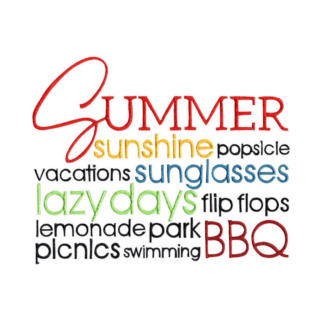 Summer Word Art - Machine Embroidery Design - 5x7 6x10 8x8 8x12 Inch ...