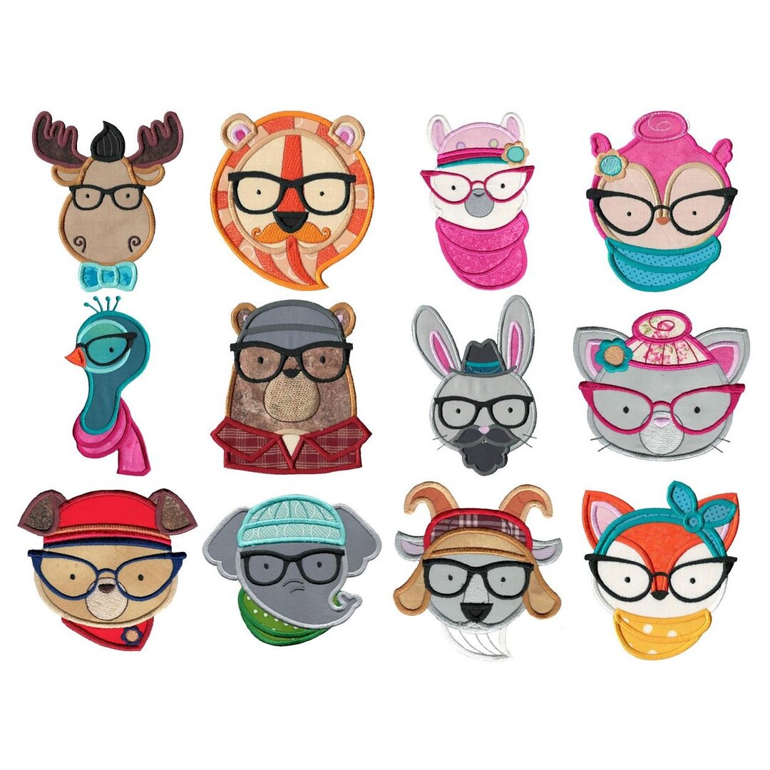 Hipster Animal Faces Applique - 12 Machine Embroidery Designs - 5x7 ...