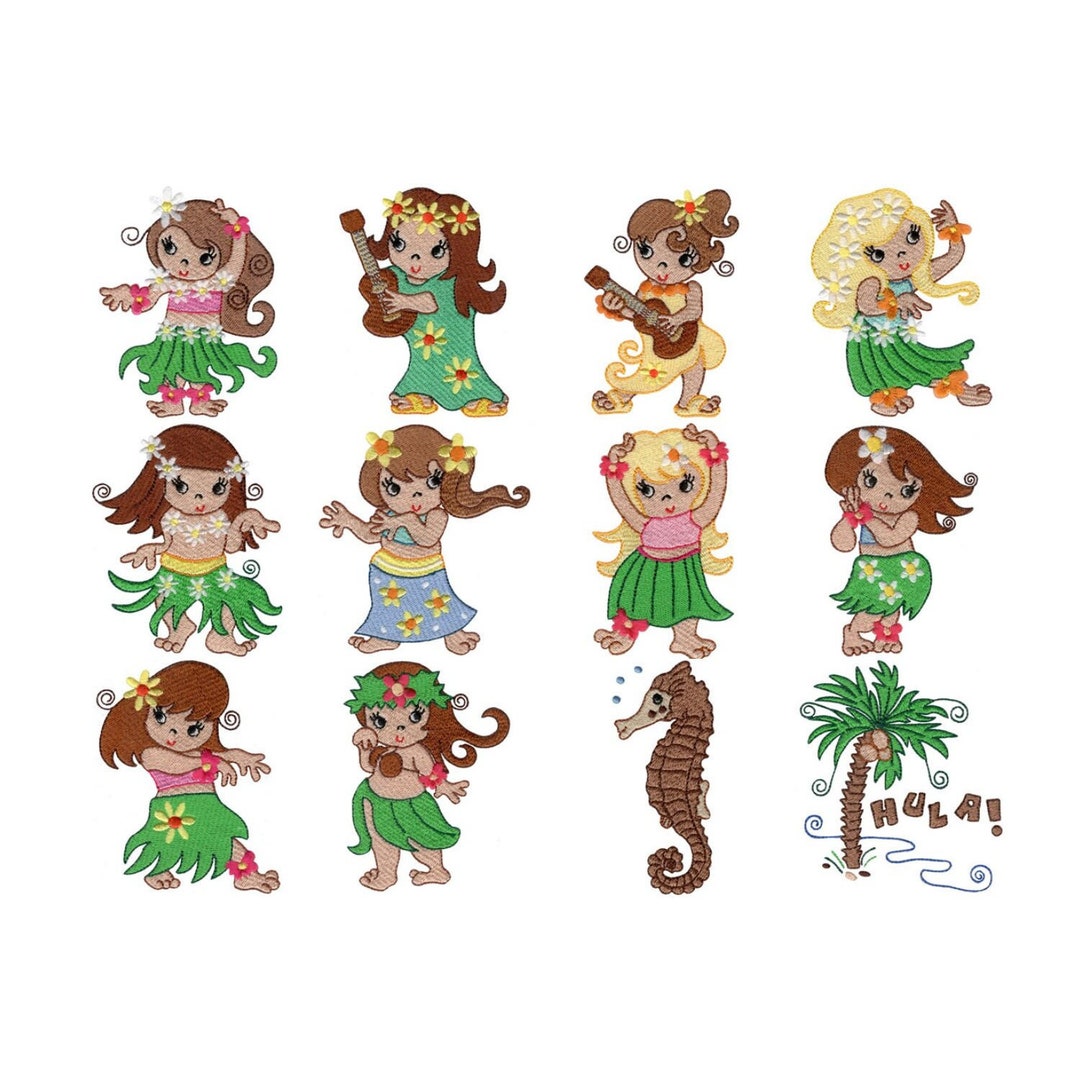 Hula Girls 12 Machine Embroidery Designs 4, 5 & 6 Inch Sizes Included ...