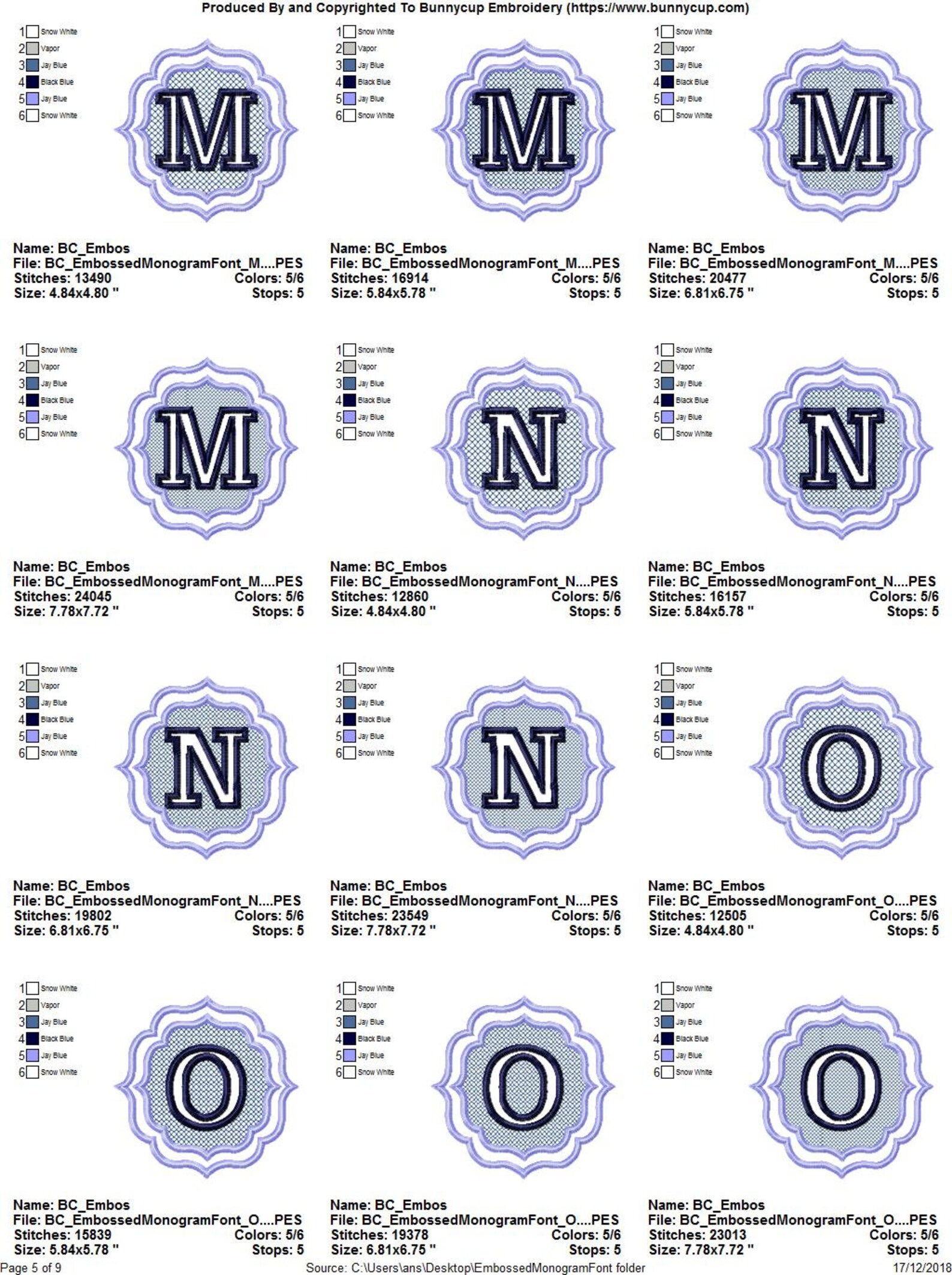 Embossed Monogram Font - 26 Machine Embroidery Designs - 5, 6, 7 and 8 ...